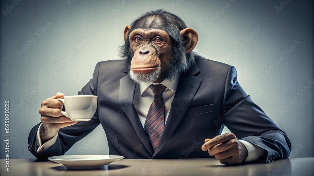 A human chimpanzee in a business suit sitting at a desk with a cup of ...