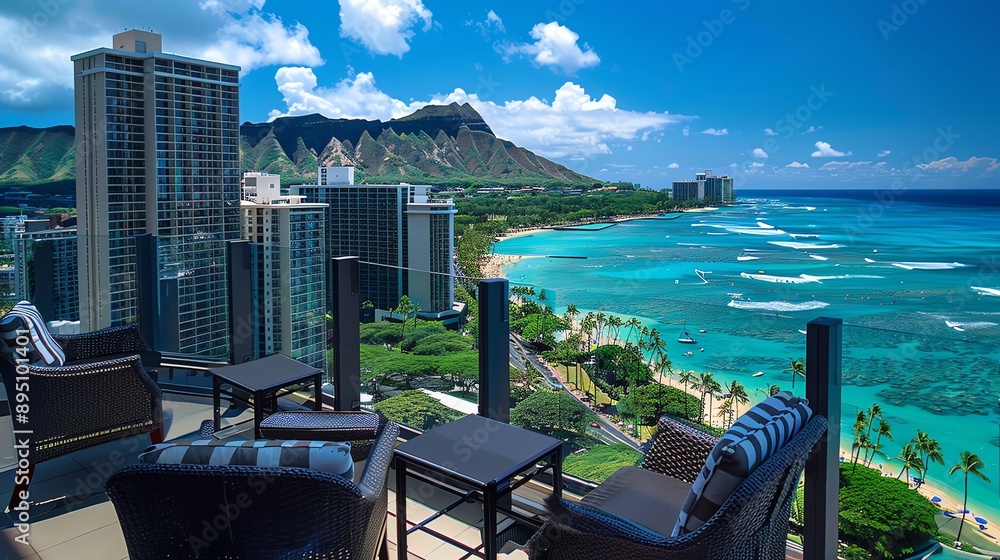 Amazing view of Honolulu, Hawaii from a rooftop bar. In the distance ...