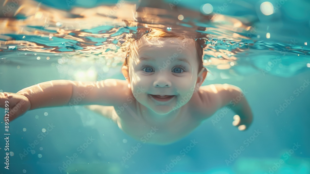 Little boy swimming under water in the pool. Happy child learning how ...