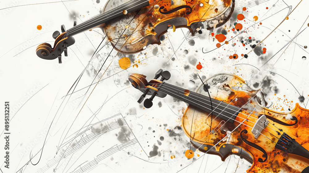 abstract violin composition with swirling musical notes and vibrant ...