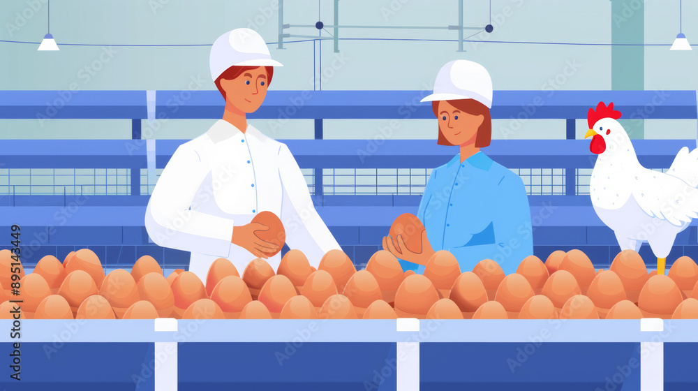 Workers collecting eggs from a modern poultry farm, rows of nesting ...