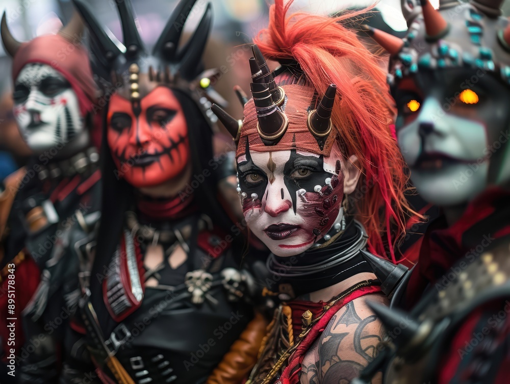 A group of cosplayers at a comic convention dressed in colorful and ...