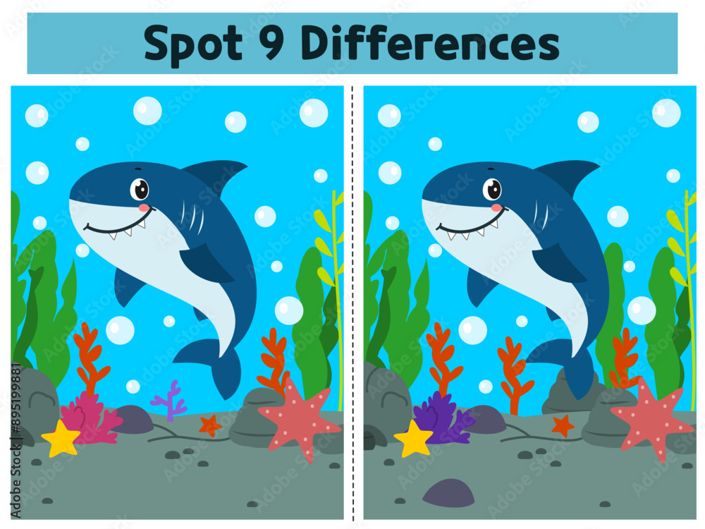 Cute underwater shark spot the differences game for preschoolers and ...