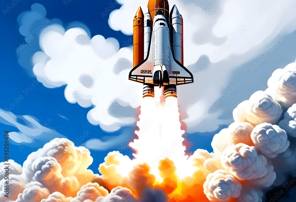 Space shuttle launch in the open space over the Earth. Sky and clouds ...