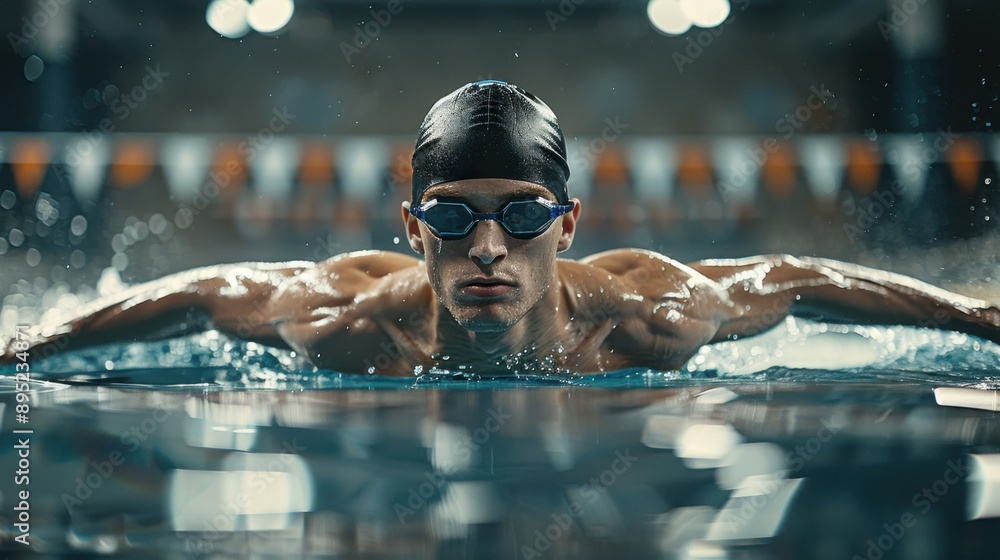 An underwater shot captures a professional male swimmer in action ...