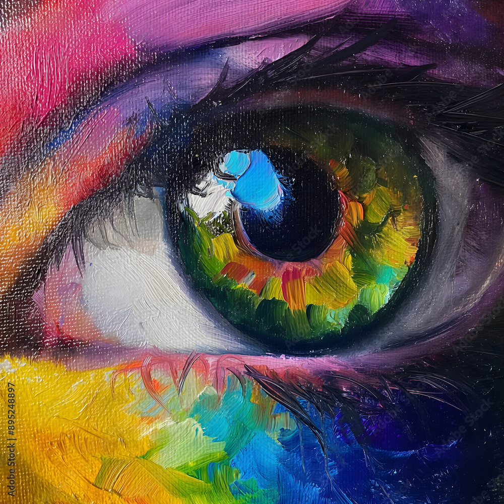 Vibrant vision: close-up of an eye with a spectrum of colors raising ...