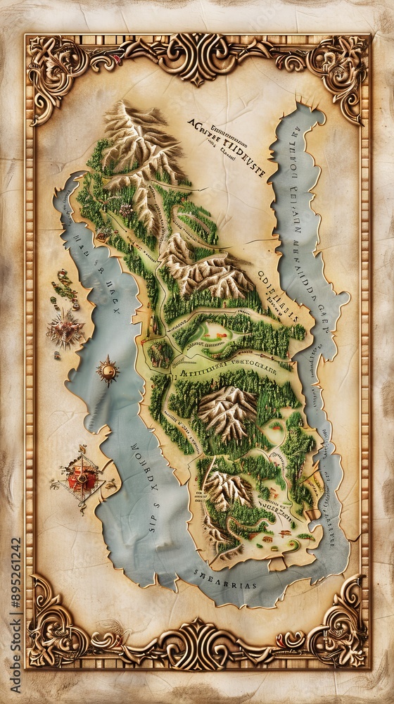 Detailed map of a fantastical world, showcasing cities, mountains ...