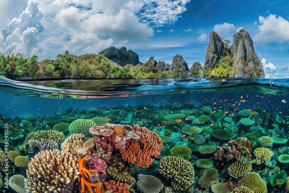 Healthy fringing coral reefs grow around the dramatic limestone islands ...