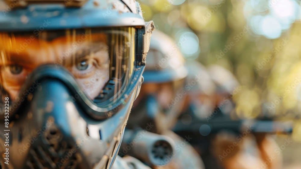 An out-of-focus image showing the tactical gear and helmets worn by ...