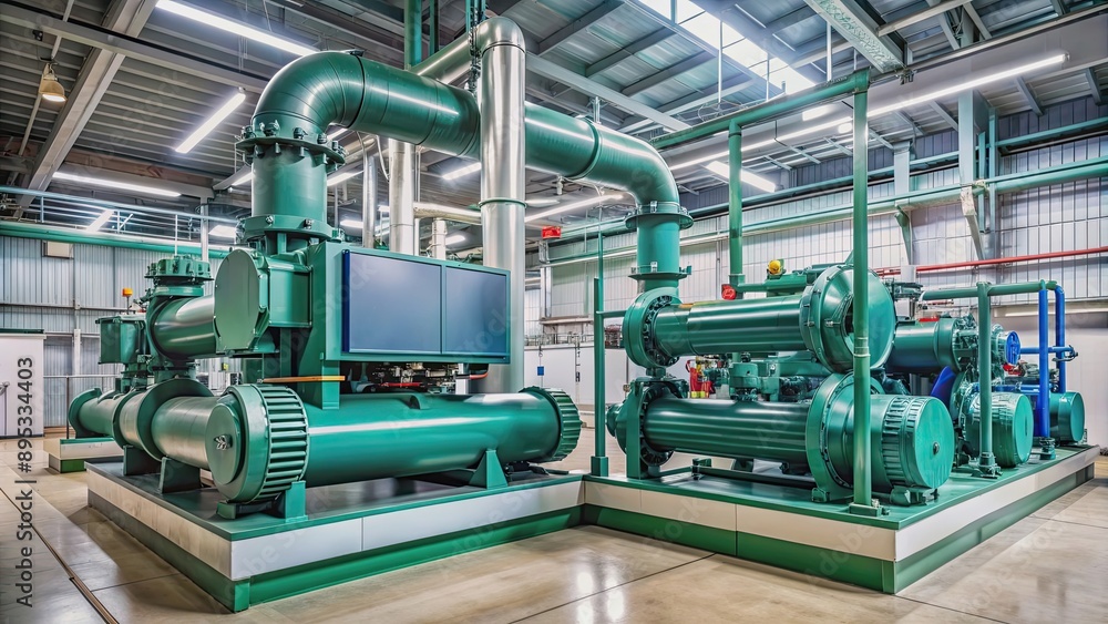 Ilustración de Stock Centrifugal chiller system in operation with pumps ...