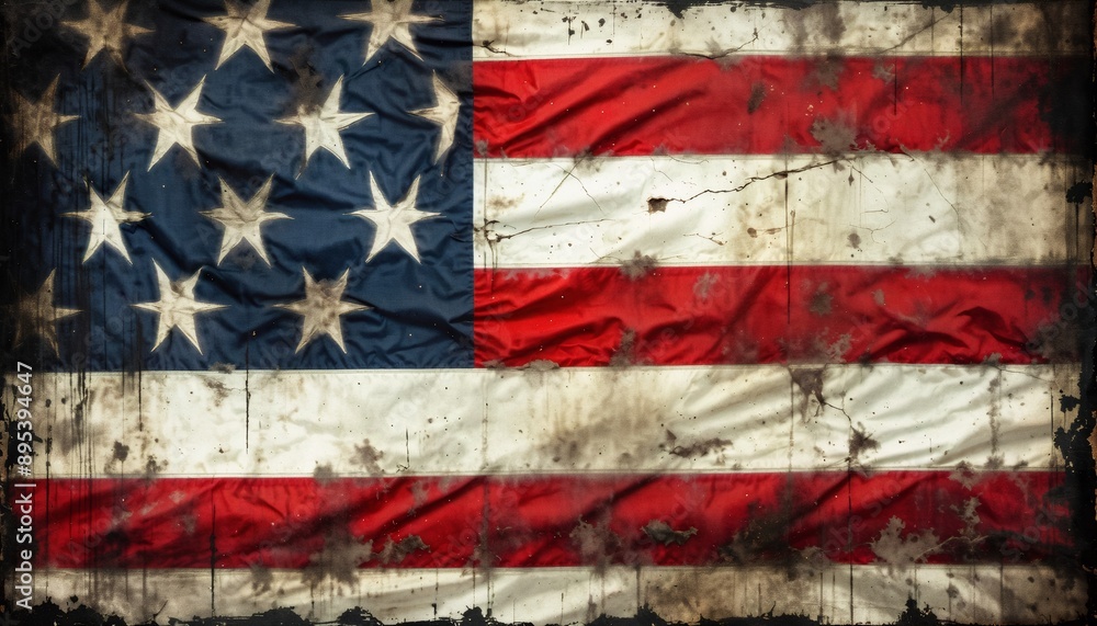 distressed black and white usa flag, deeply weathered, torn fabric ...