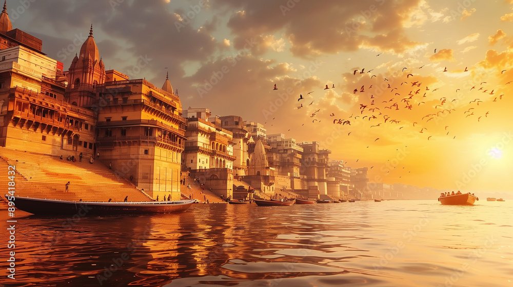 Varanasi city with ancient architecture. View of the holy Manikarnika ...