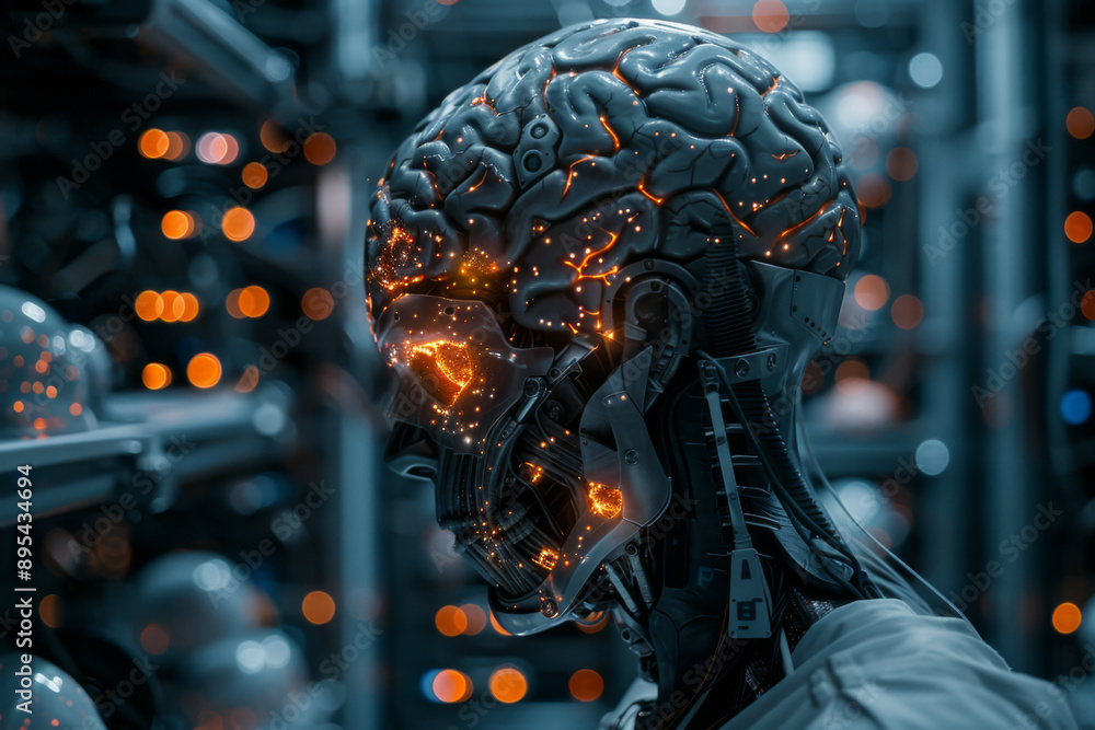 Cybernetic brain interface showing decreasing neural activity ...