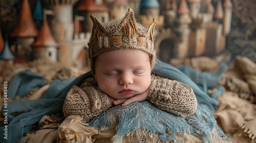 Newborn dressed as a tiny knight, sleeping in a medieval-themed prop ...