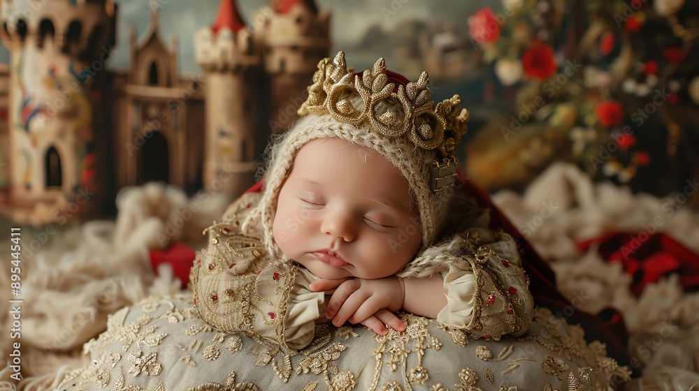 Newborn dressed as a tiny knight, sleeping in a medieval-themed prop ...