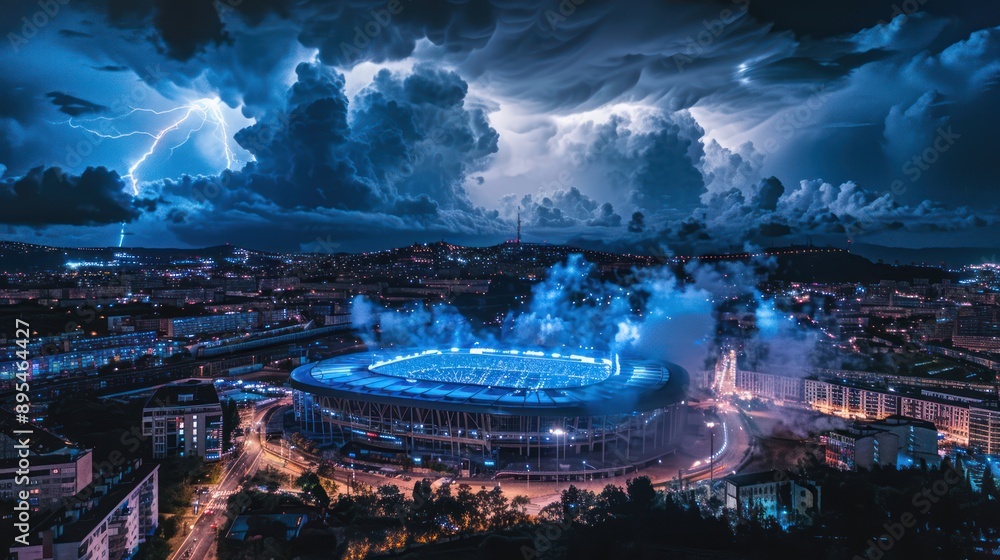 Drone photo of the neon blue football stadium. Stock Photo | Adobe Stock