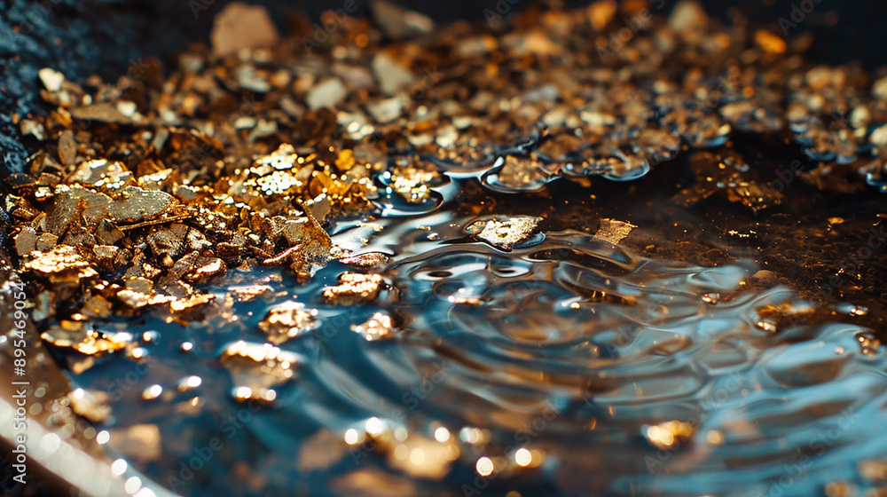 Gold nuggets and flakes in a pan of water, representing the allure and ...
