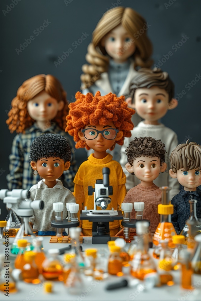 Group of diverse children in a science classroom with lab equipment ...