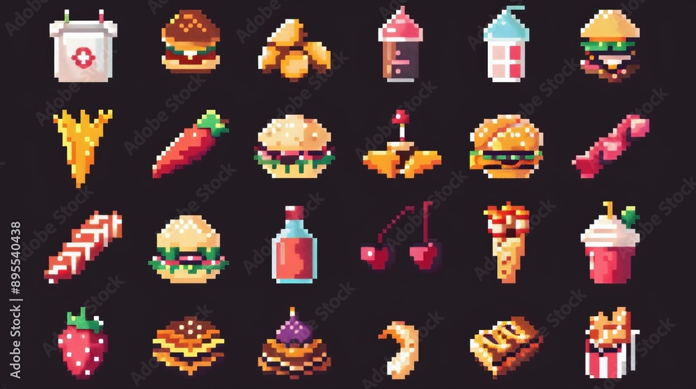 Food pixel art 80s style icons element design stickers, logo, menu ...