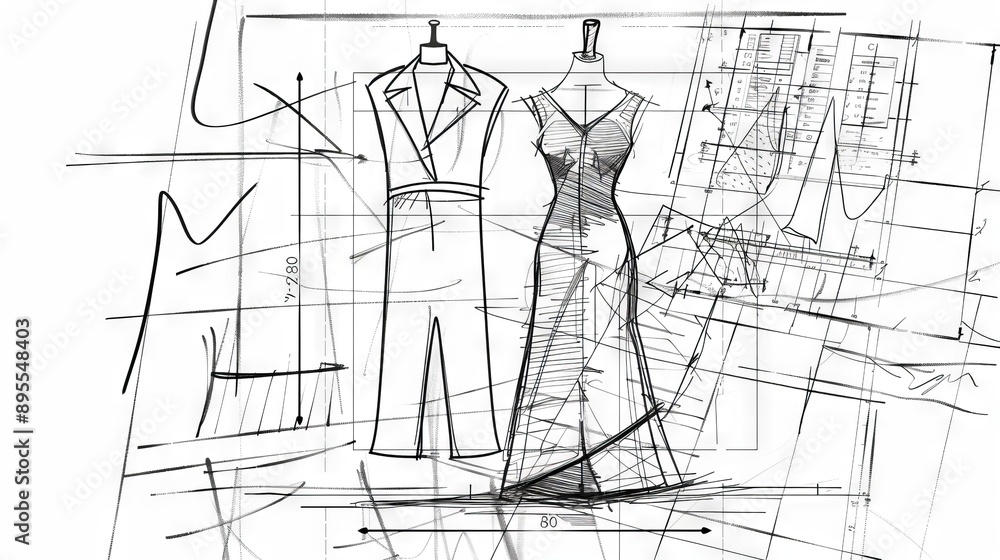 Detailed Sewing Pattern Drawings for Fashion Design and Crafting Stock ...