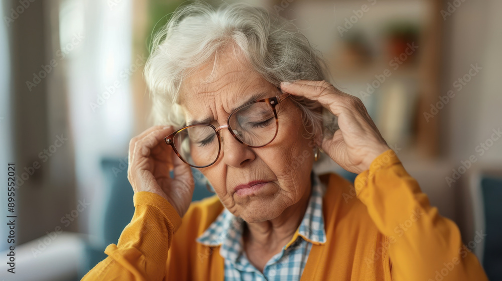 Photo Stock An older woman, weary, removing her glasses due to ...