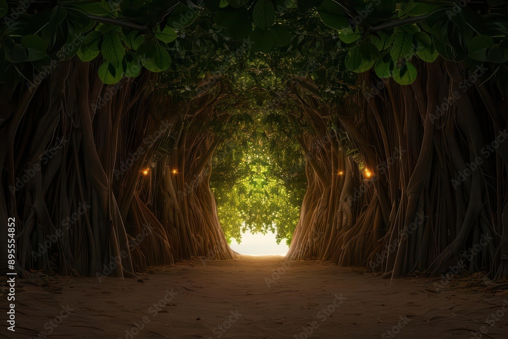 A banyan tree with sprawling, illuminated roots creates a magical ...