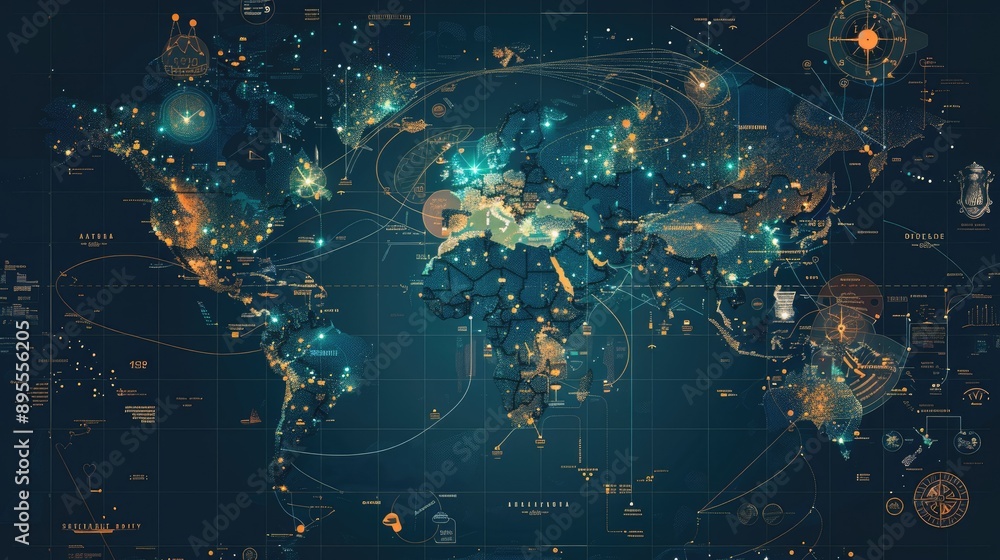 A digital world map with time zone clocks overlayed on major cities ...
