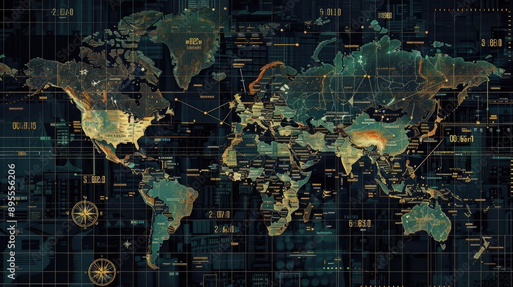 A digital world map with time zone clocks overlayed on major cities ...