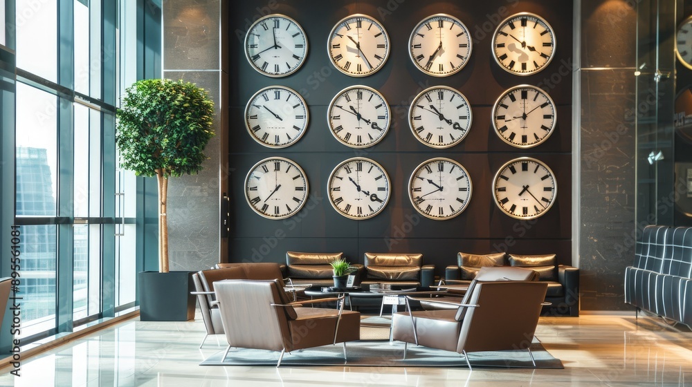 A wall of clocks showing different time zones from major cities around ...