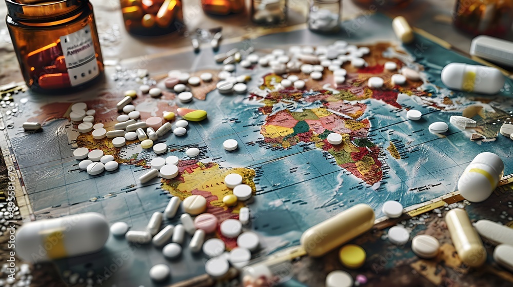 Global Health Crisis Concept – Pills and Capsules Spread Over World Map ...