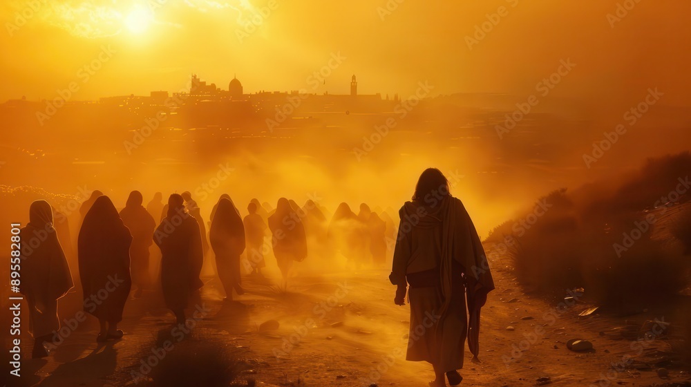 dramatic biblical scene jesus walking towards jerusalem dusty path warm ...