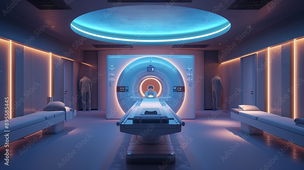 MRI suite with the latest MRI scanner centered in a room with dim ...
