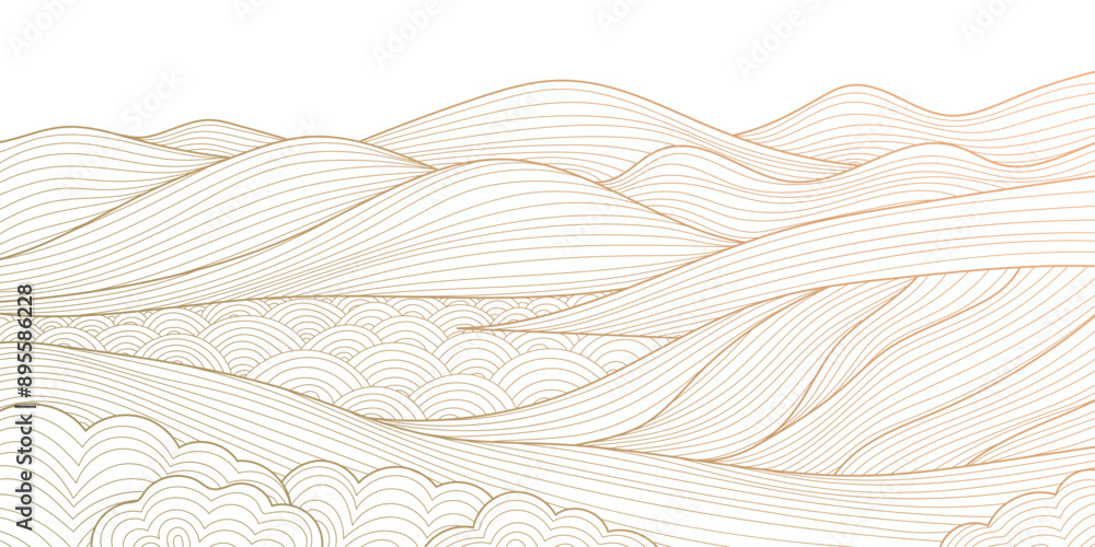Vector abstract mountain landscape, line gold on white wave ...