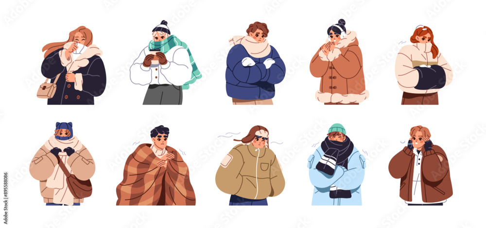 People in winter outerwear freeze set. Different men and women in coats ...