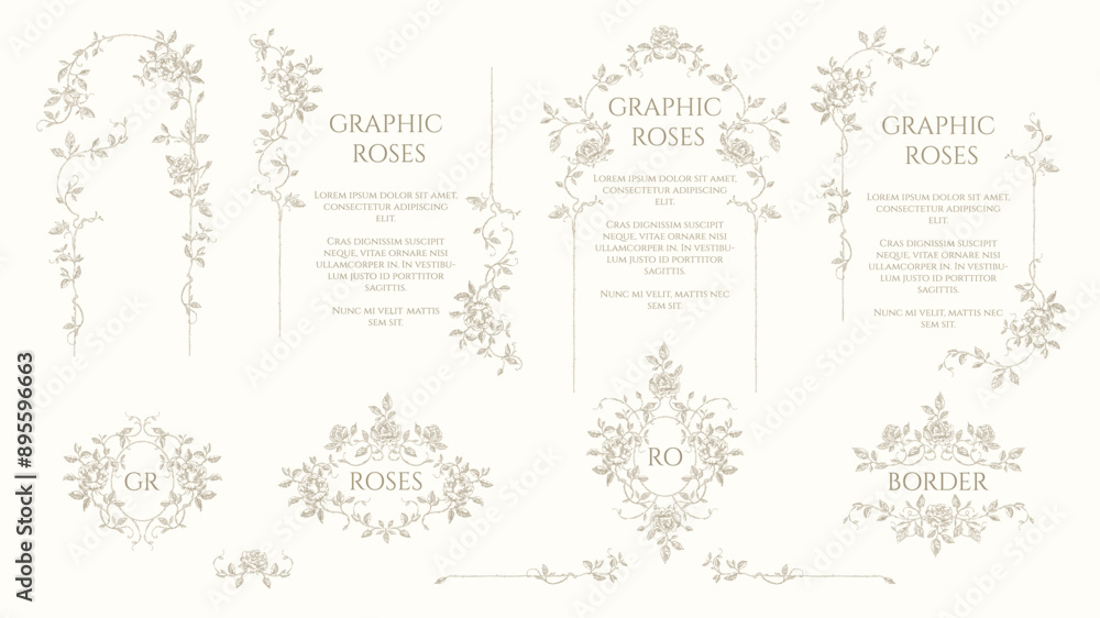 Set of borders and frames. Rose decor. Stock Vector | Adobe Stock