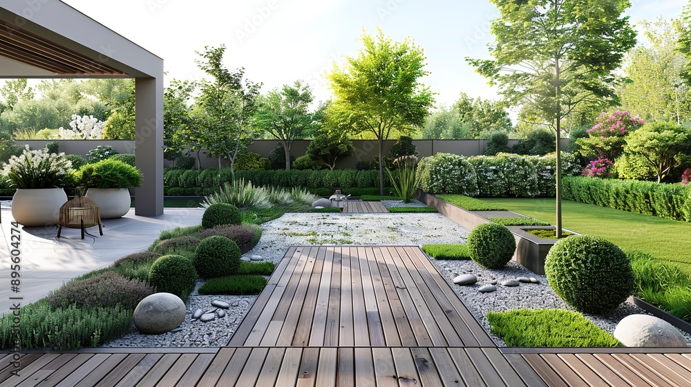 Modern garden and terrace design with wooden floor and grass plants ...