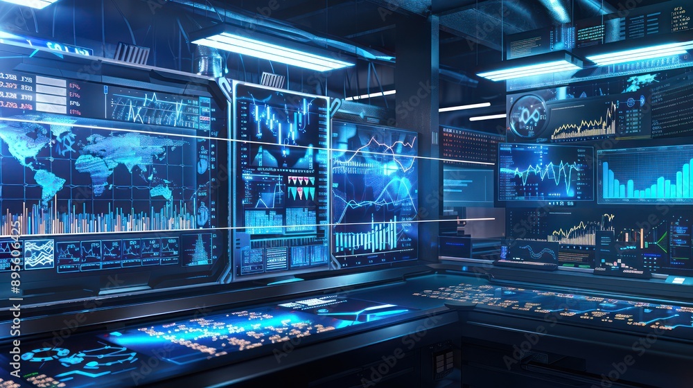 futuristic depiction of a stock market analysis room, with holographic ...