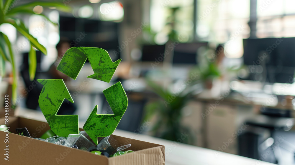 Green recycle sign in cardboard box with electronic waste in modern office background ...