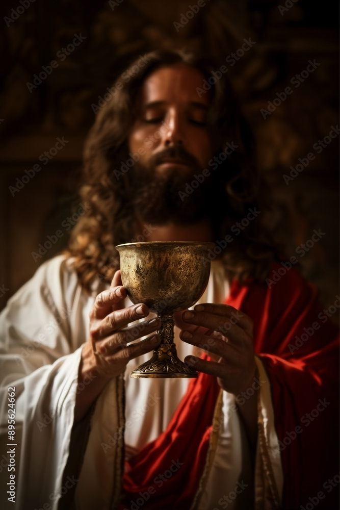 Jesus Christ with the Eucharistic cup. Last Supper. Christian religious ...