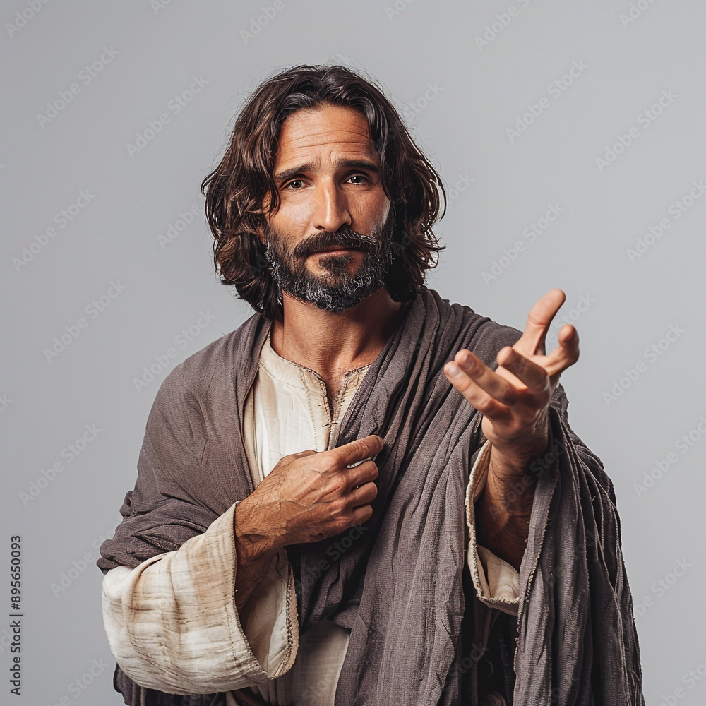 Jesus Christ shows something emotionally, asks, sermon. Isolated on a ...