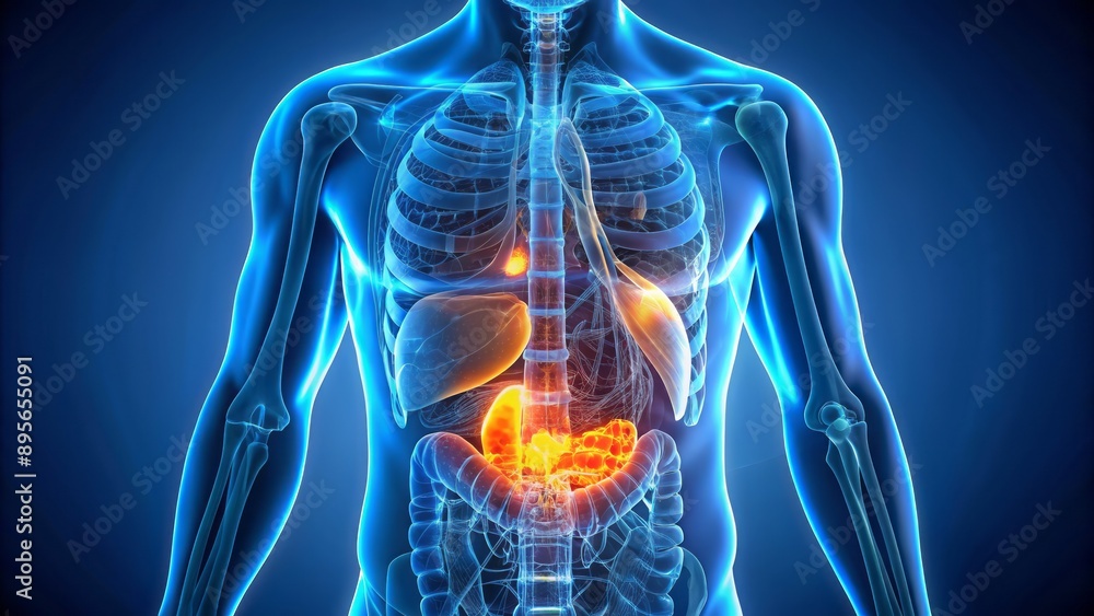 Foto de Stock Illuminated 3D illustration of human pancreas anatomy ...