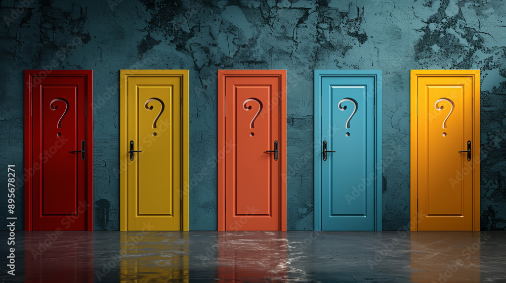 Doors in five colors, each with a question mark. They symbolize the ...