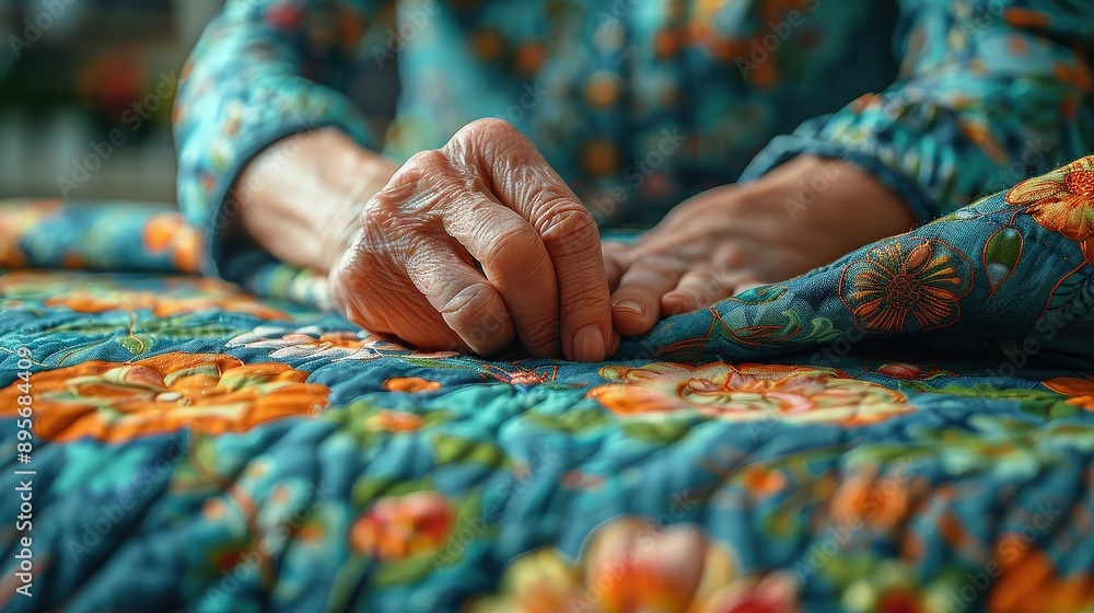 Artisan restoring a homemade quilt, carefully matching fabrics and ...