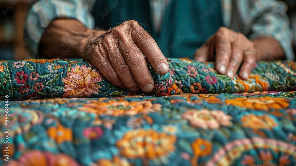Artisan restoring a homemade quilt, carefully matching fabrics and ...