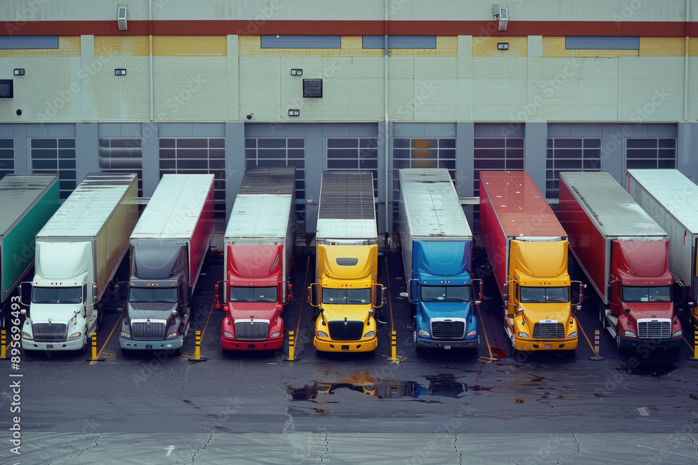 Fleet of colorful semi trucks are parked in front of loading docks at a ...