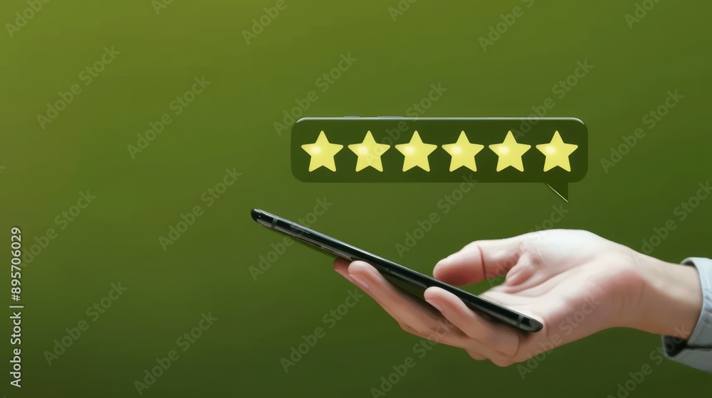 Hand holding smartphone with six stars floating above rating customer ...