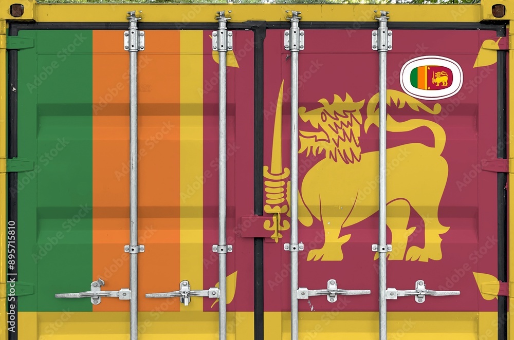 Sri Lanka flag depicted on metal doors of shipping cargo container outdoors in docks area close ...