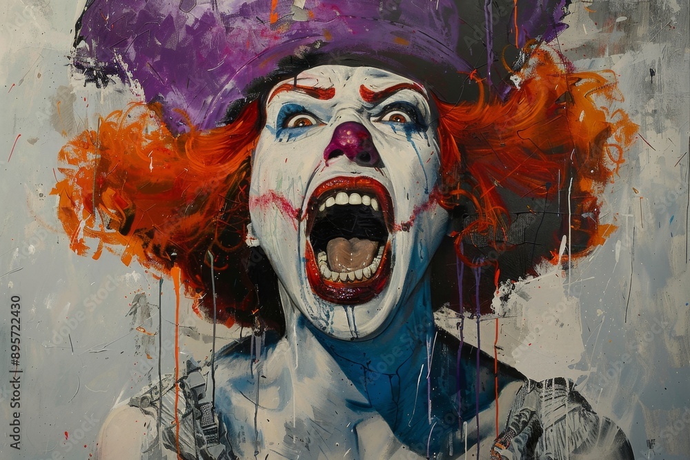 Disturbing clown portrait with open mouth. Artistic style. Halloween ...