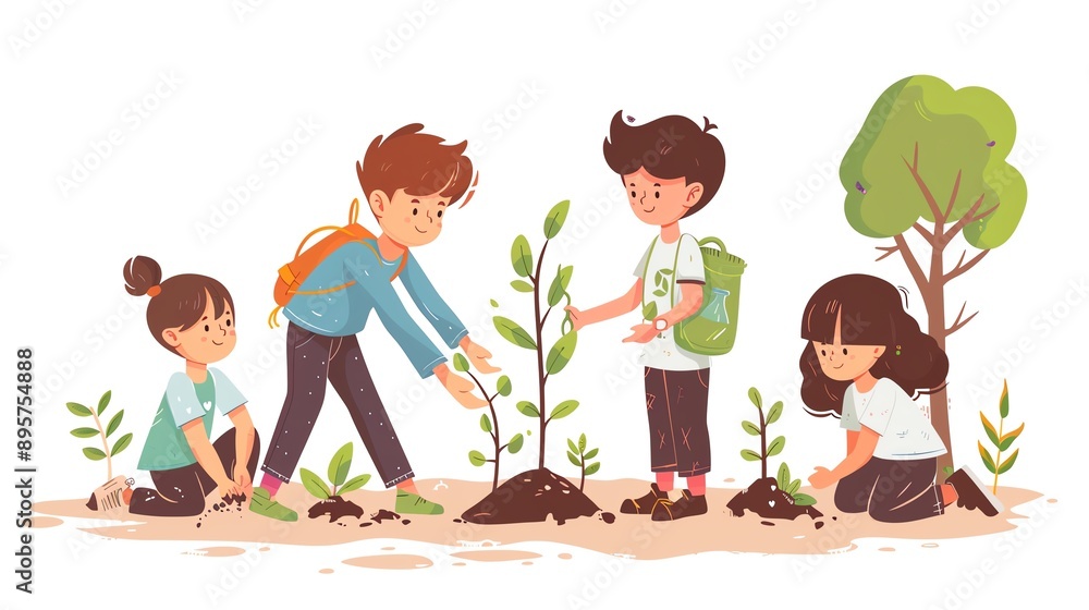 Children planting trees together, learning about nature and ...
