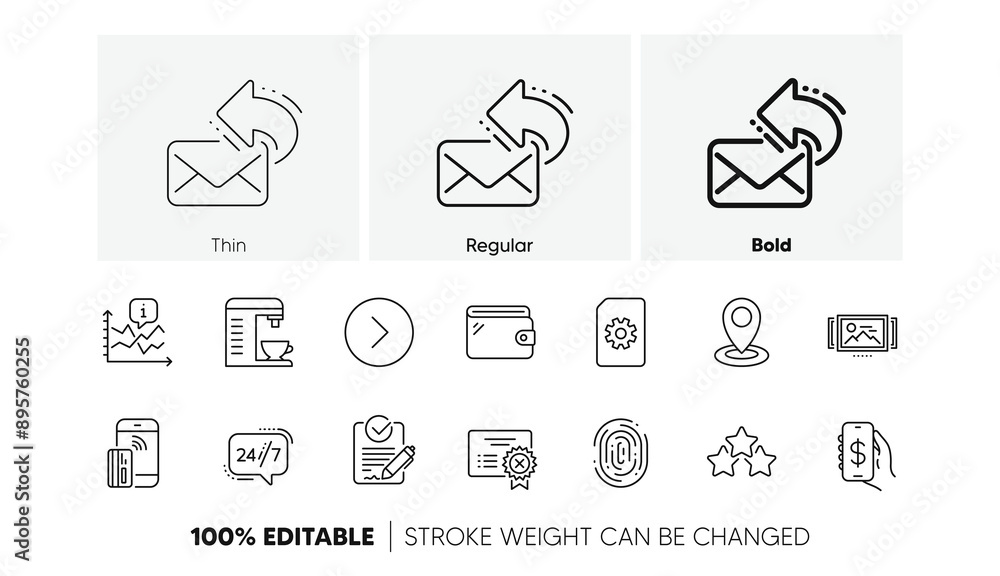 Reject certificate, Contactless payment and Rfp line icons. Pack of ...